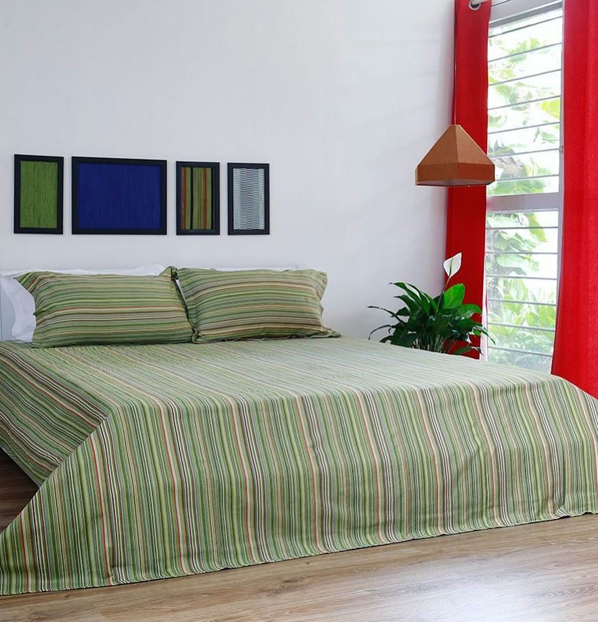 Buy Woven Stripes Cotton Bed Sheet - Green- With 2 pillow covers – Thoppia