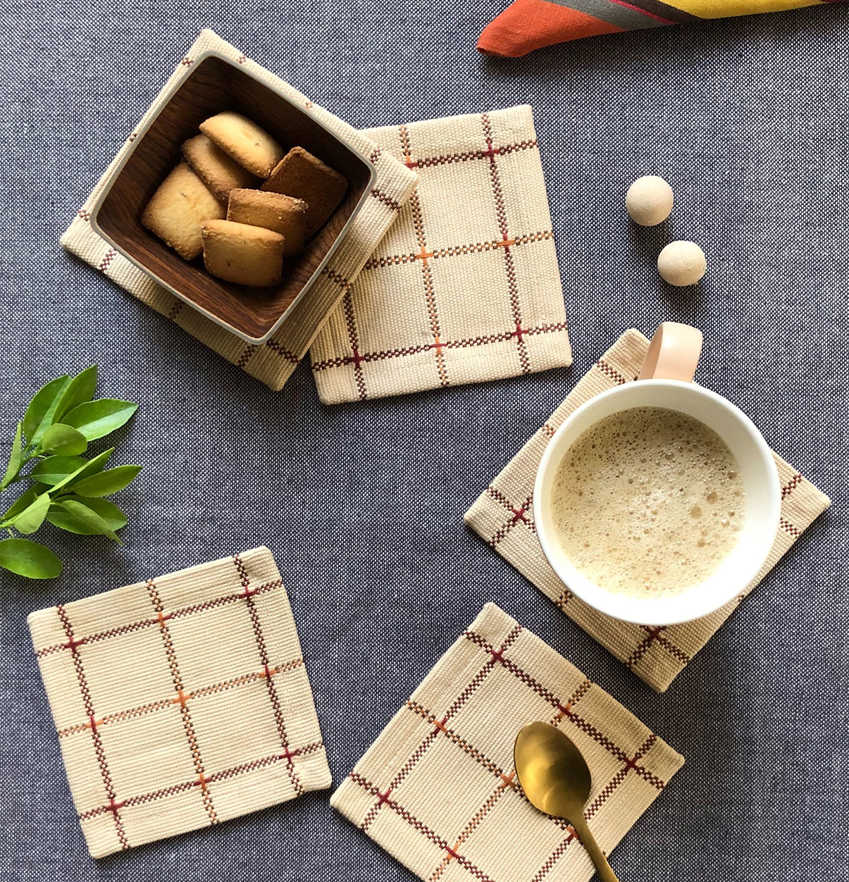 Buy Handwoven Checks Cotton Coasters Beige - Set of 6 – Thoppia